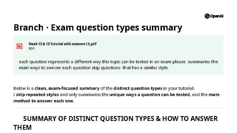 Branch Exam Question Types Summary for Weeks 12 & 10 with Answers - Studocu