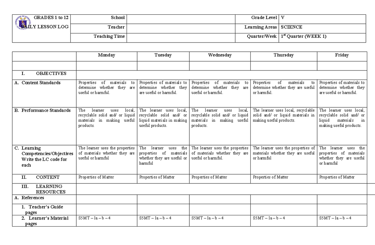 Science Daily Lesson Log for Grade 5 - Quarter 1, Week 1 - Studocu