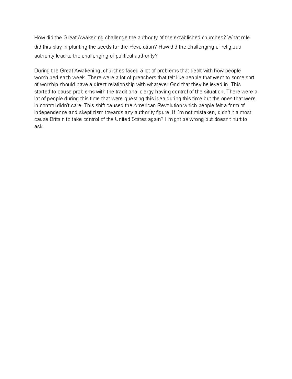 HIS-144 T2 D2 - The Great Awakening's Role in Revolution and Authority ...