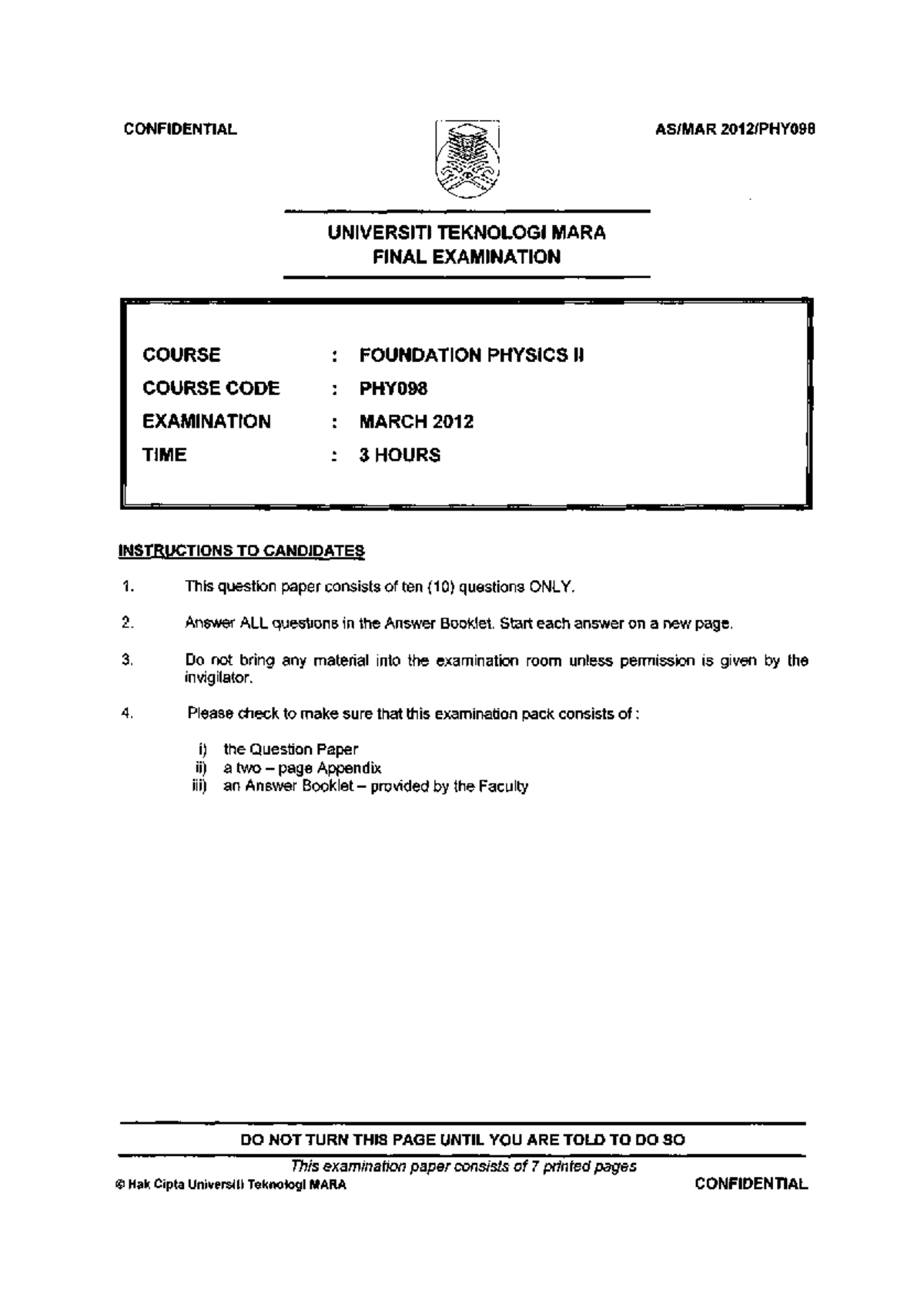 PHY098 Final Exam Paper - Foundation Physics II (March 2012) - Studocu