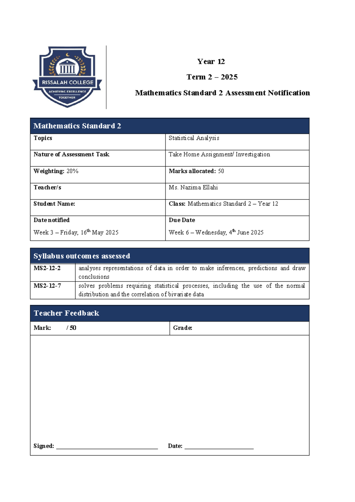 2025 Mathematics Standard 2 Year 12 Assessment 3: Investigation Task ...