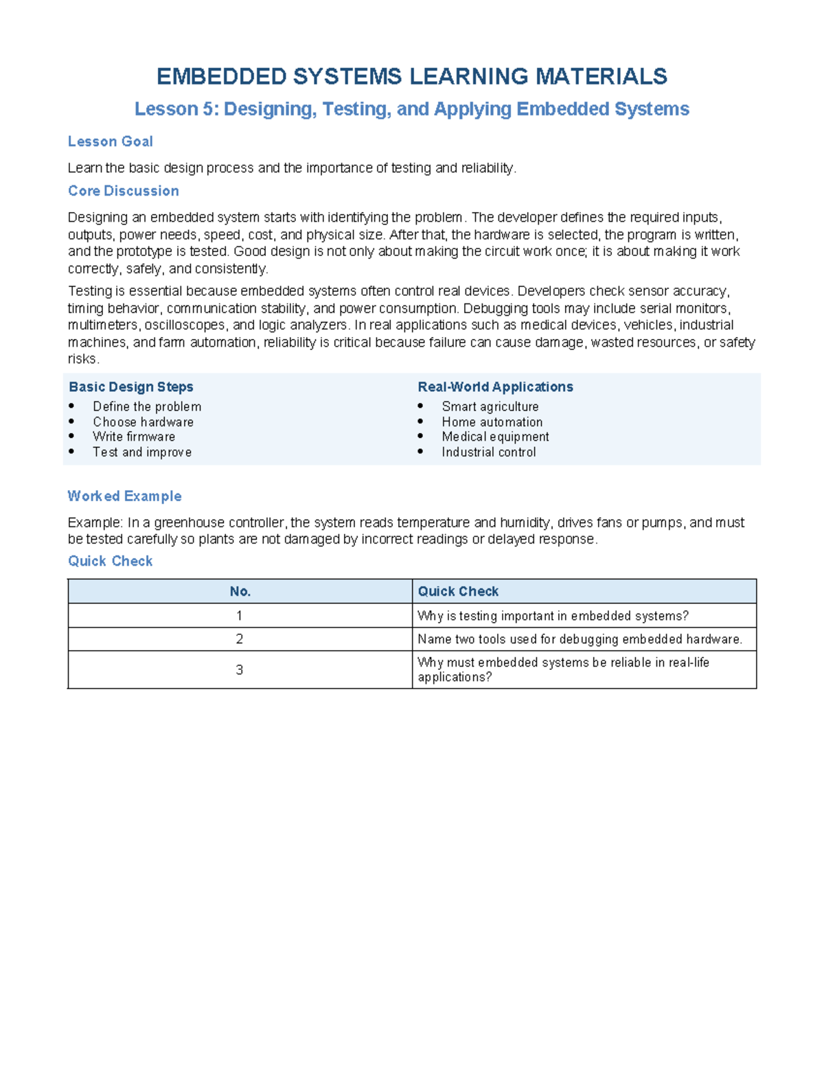 Embedded Systems (ES) Lesson 5: Design, Test & Apply - Studocu