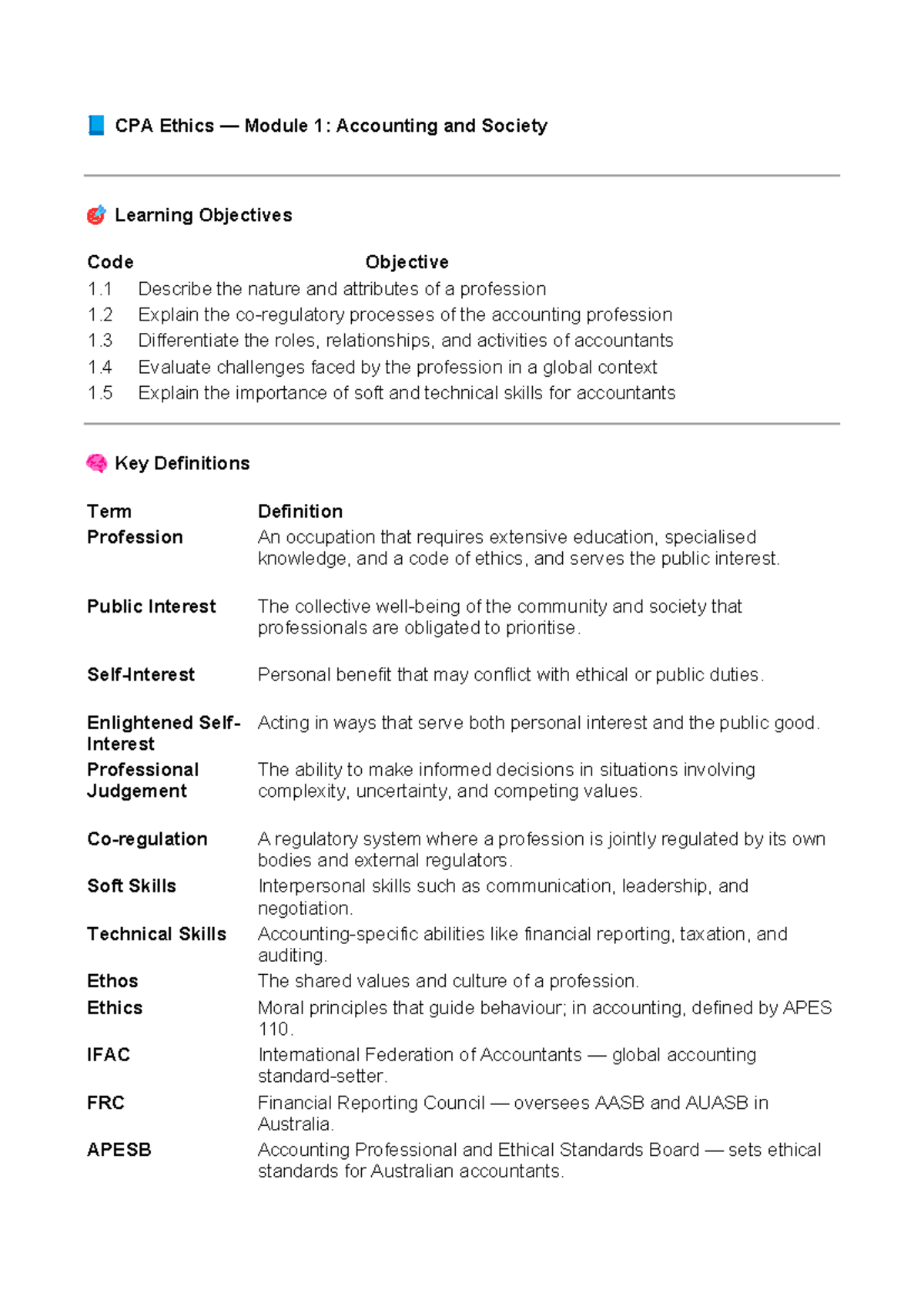 CPA Ethics Module 1: Accounting & Society Learning Objectives - Studocu