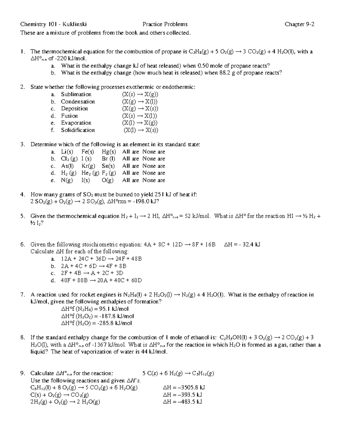 CHEM 101 Chapter 9-2 Practice Problems - Chemistry 101 - Kuklinski ...