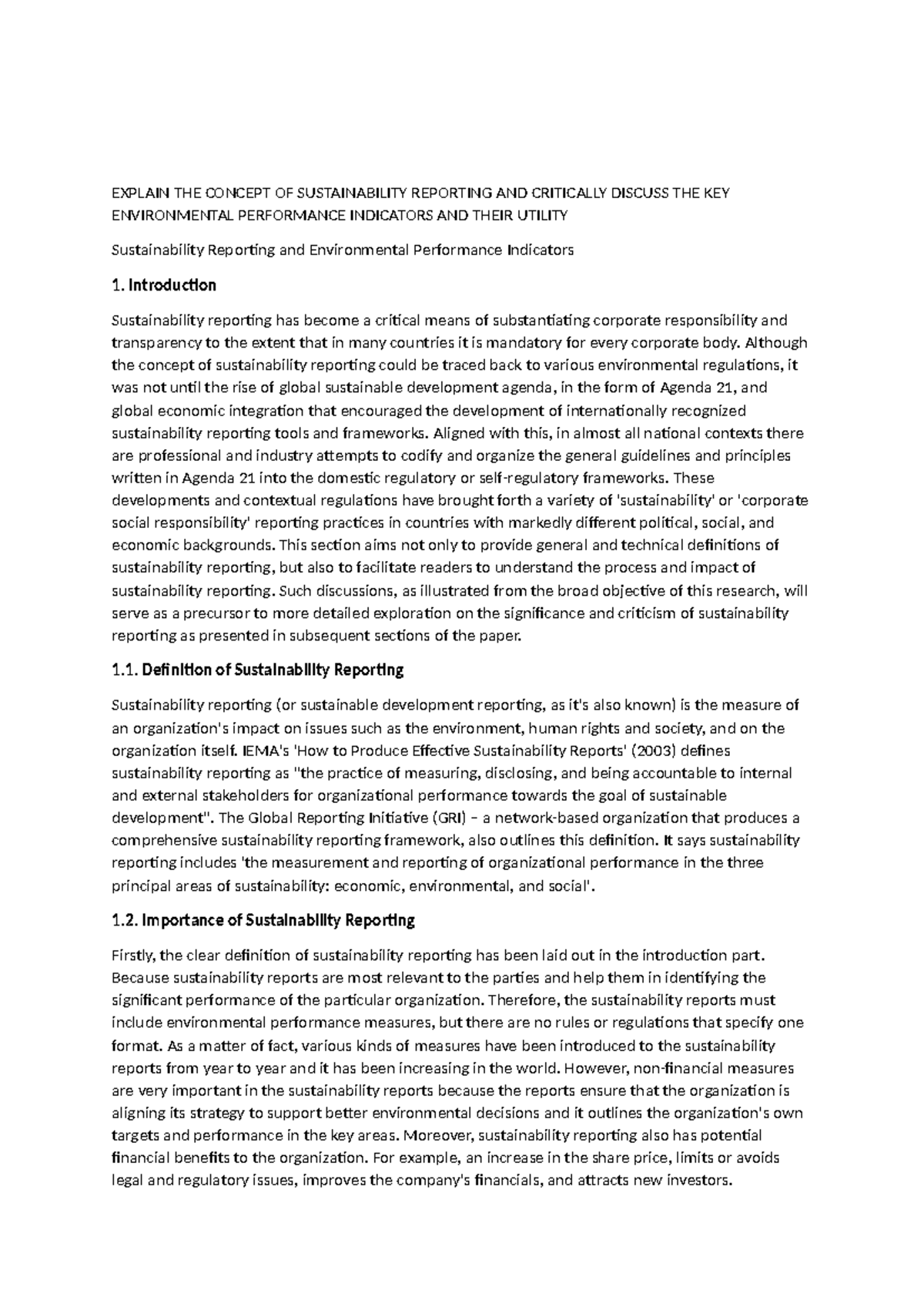 Sustainability Reporting & Environmental Performance Indicators ...