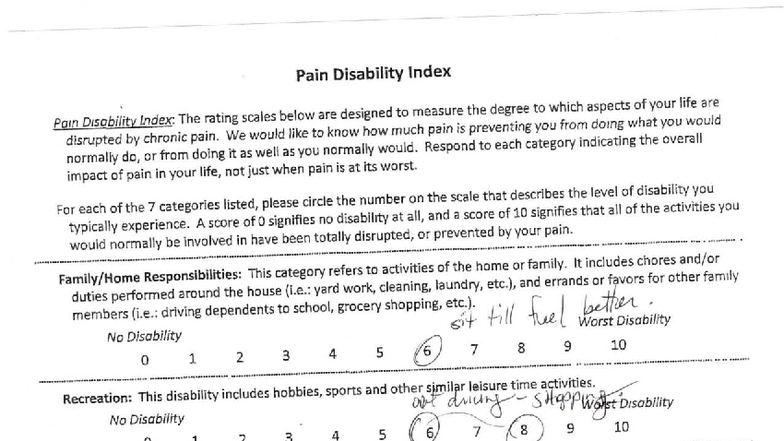 Pain Disability Index Assessment: Diagnostic Disorder 7 - Studocu