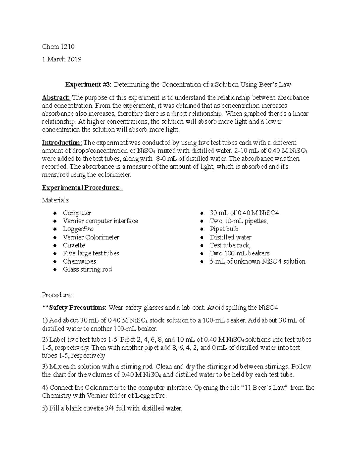Determining the Concentration of a Solution Using Beer’s Law - Chem ...