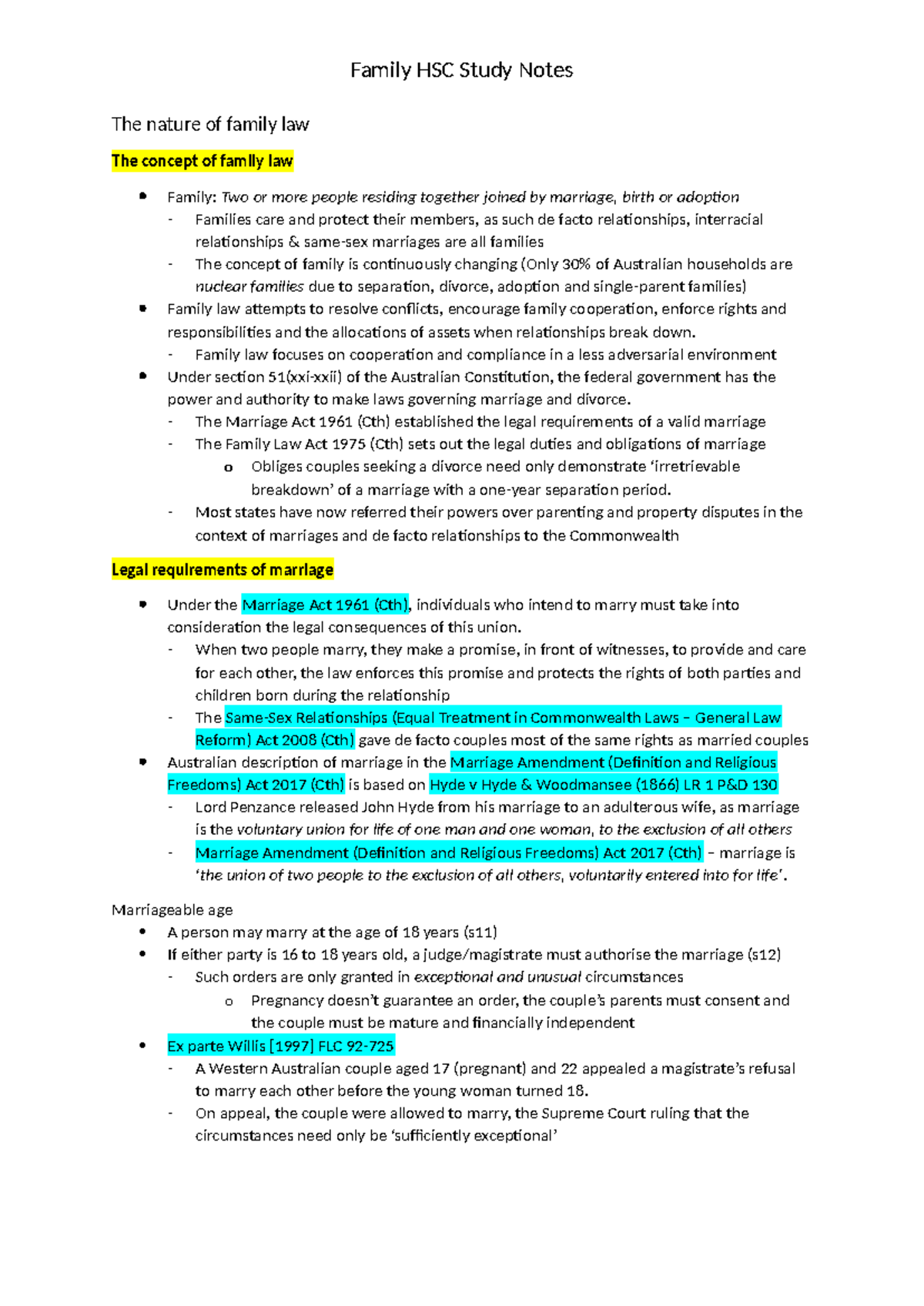 Family HSC Study Notes: Comprehensive Overview of Family Law - Studocu