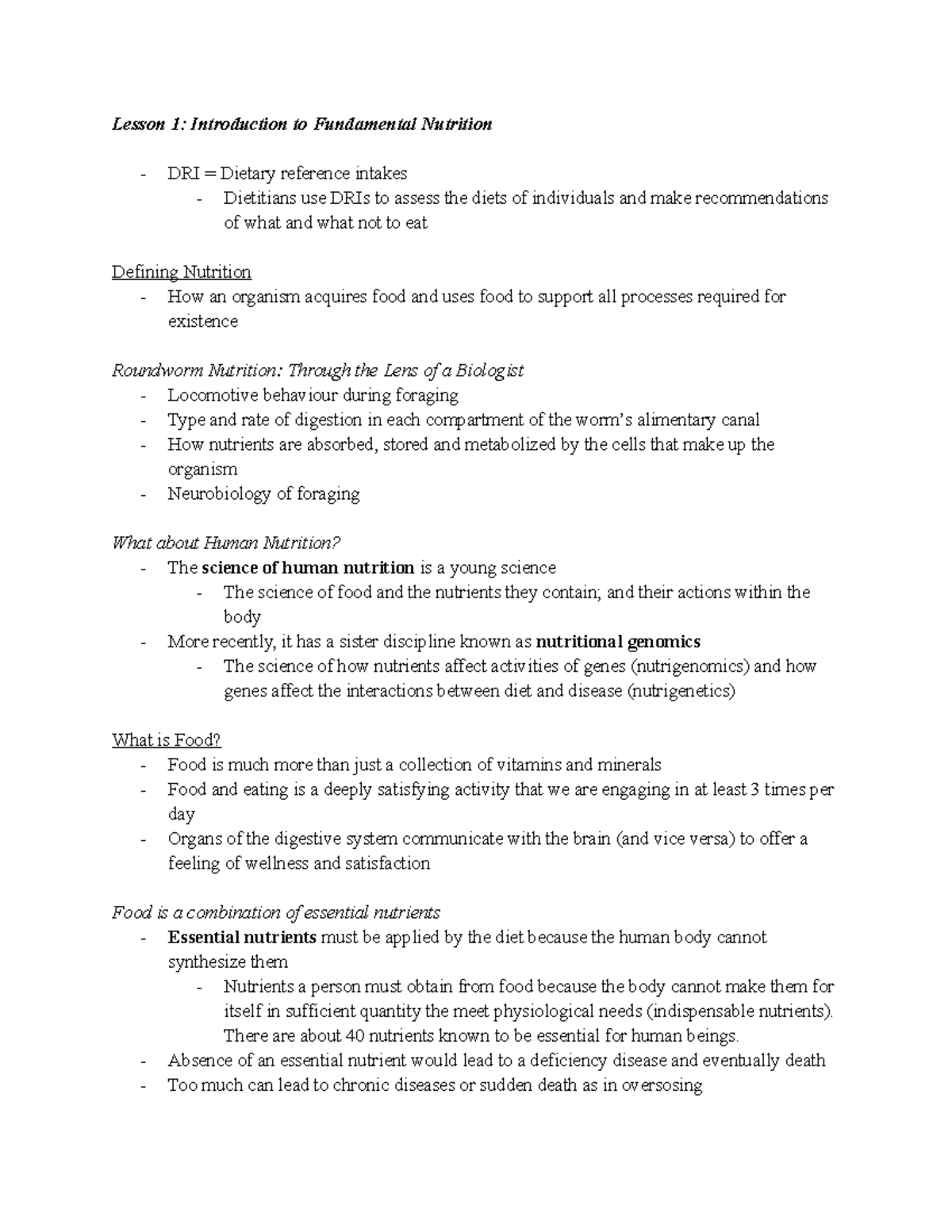 BIOL 203 - Fundamental Nutrition Course Notes - Lesson 1: Introduction ...