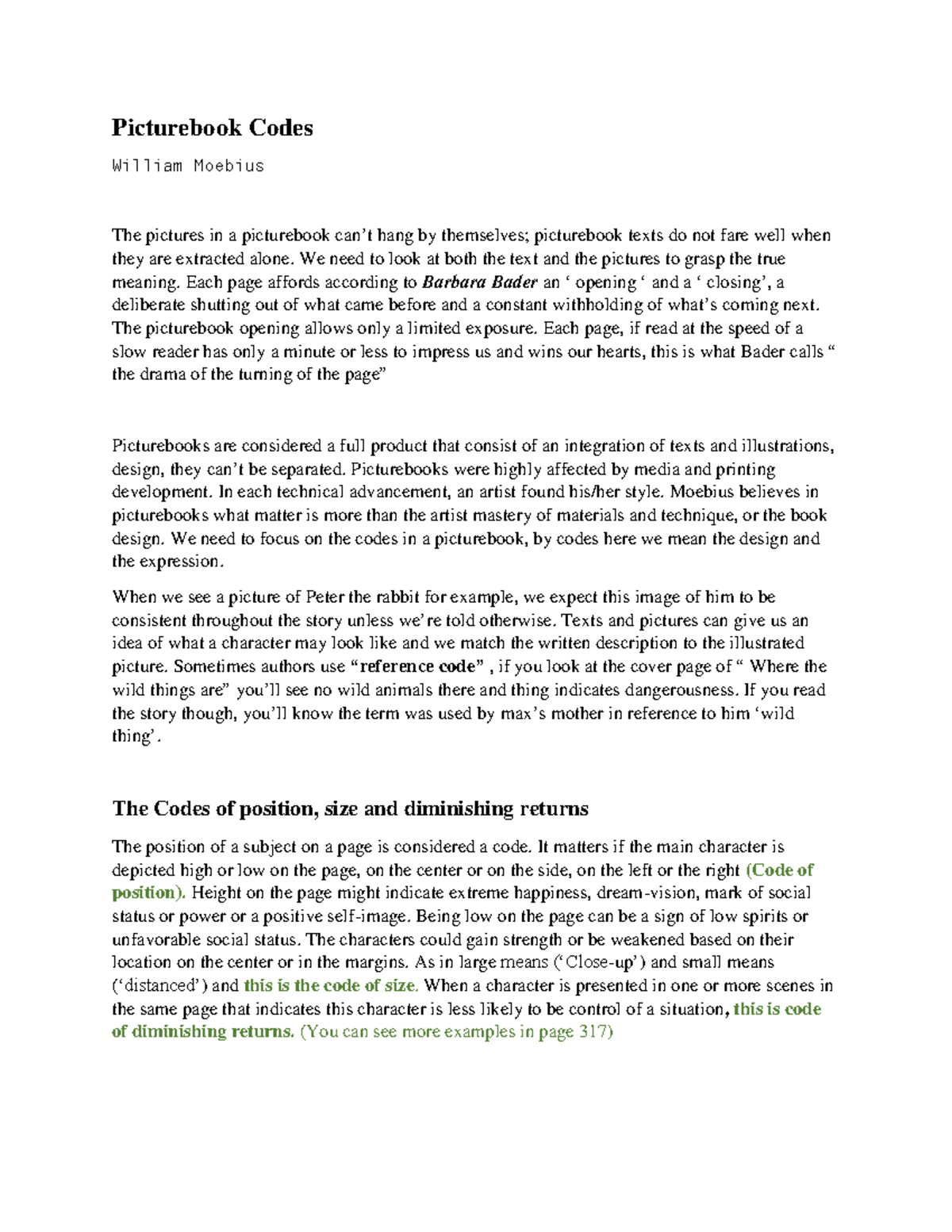 Picturebook Codes Explained: Summaries and Insights - Studocu