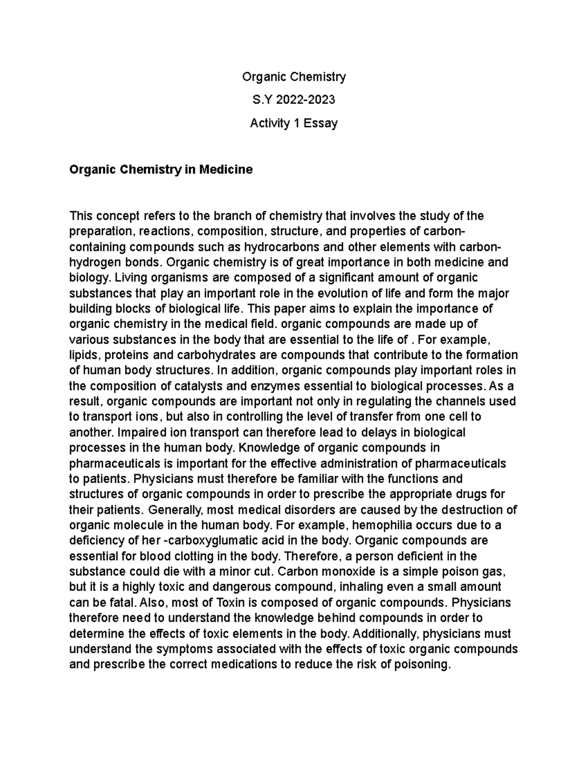 Organic Chemistry Activity 1 Essay - Organic Chemistry S 2022- Activity ...
