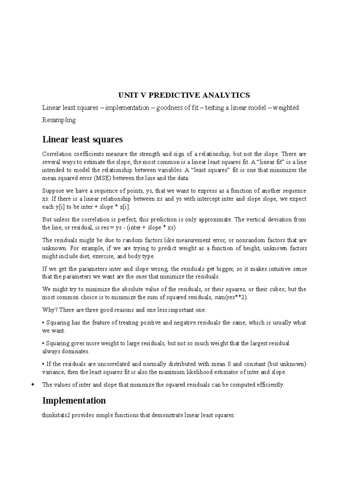 FDSA UNIT 5: Predictive Analytics and Linear Regression Insights - Studocu