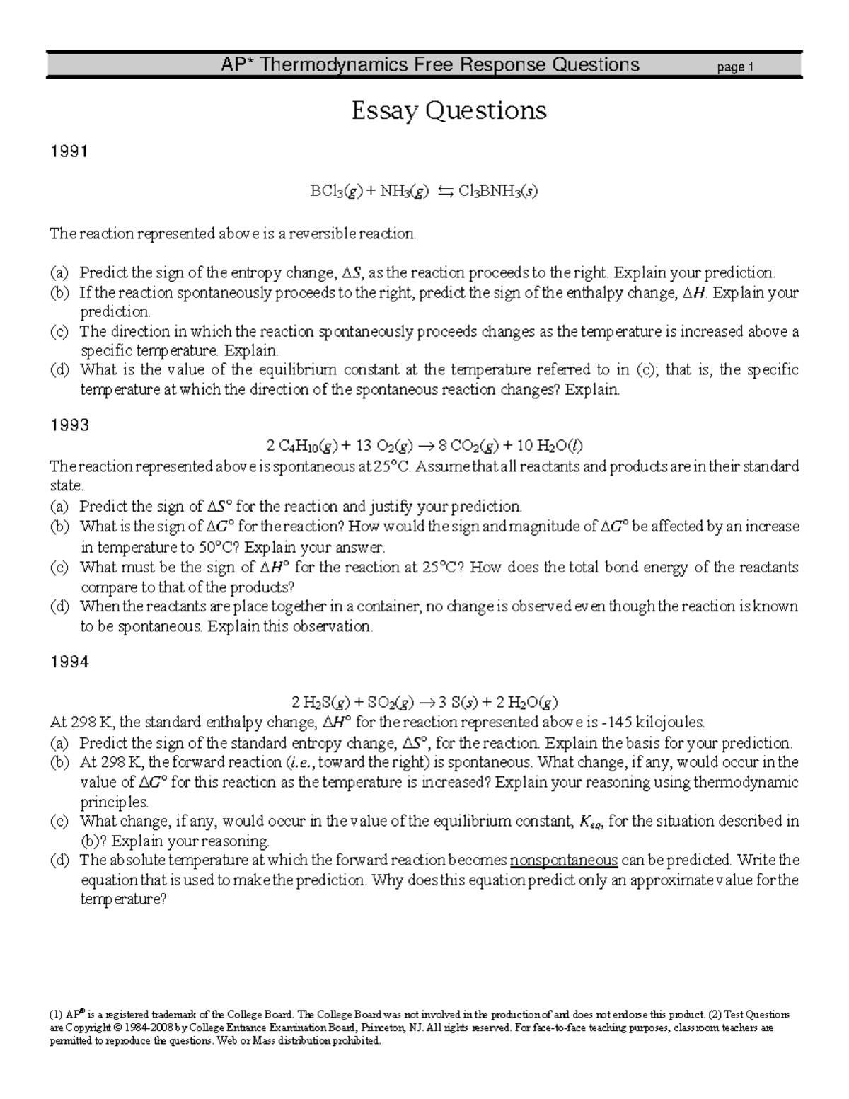 Thermo FR worksheet - AP CHEM REVIEW - (1) AP® is a registered ...