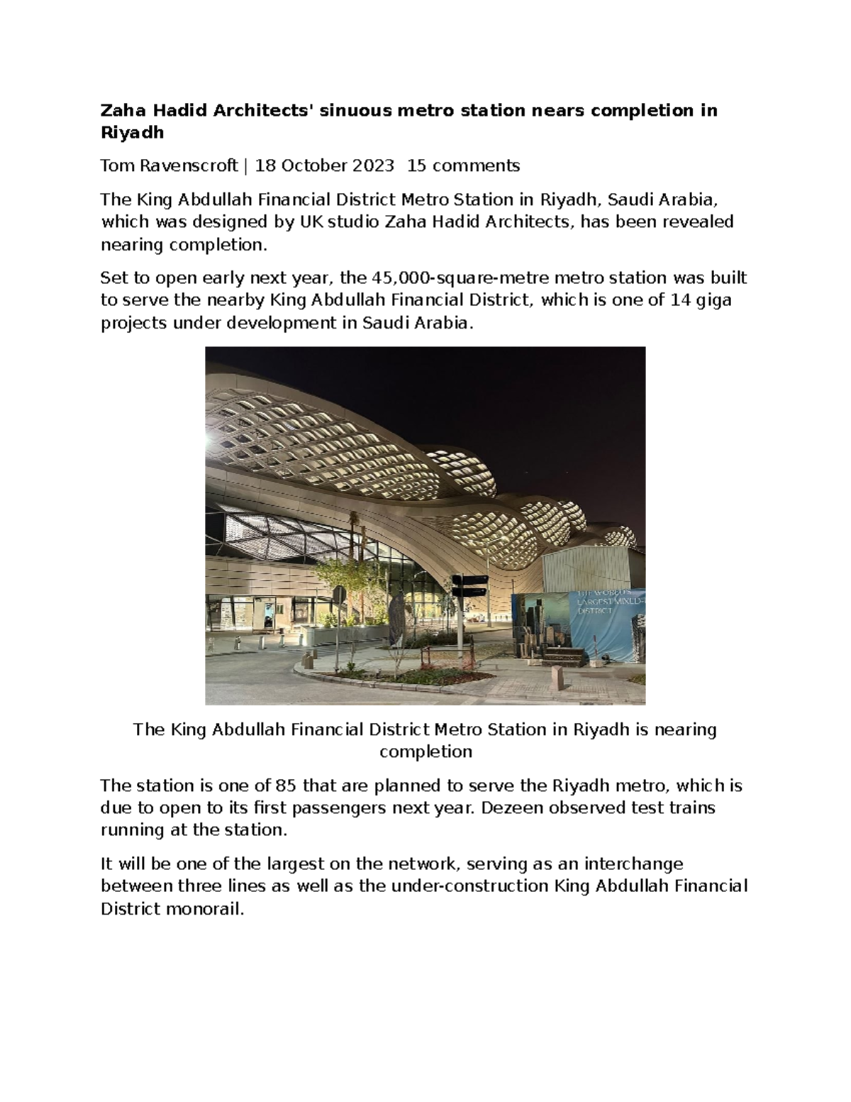 Zaha Hadid's Sinuous Metro Station Nears Completion in Riyadh - Studocu