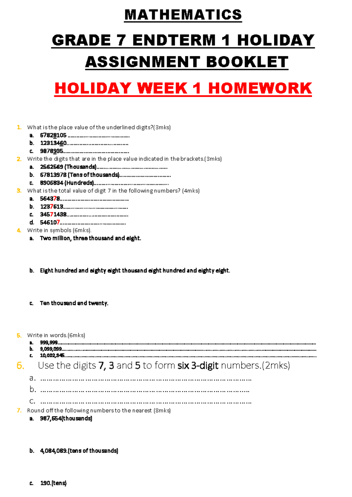 MATHEMATICS G7 ENDTERM 1 HOLIDAY ASSIGNMENT BOOKLET WEEK 1-3 - Studocu