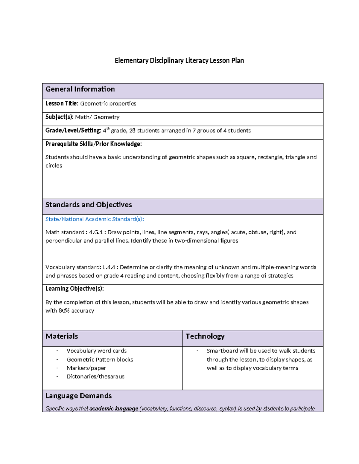 Elementary disciplinary literacy task 1 - Elementary Disciplinary ...