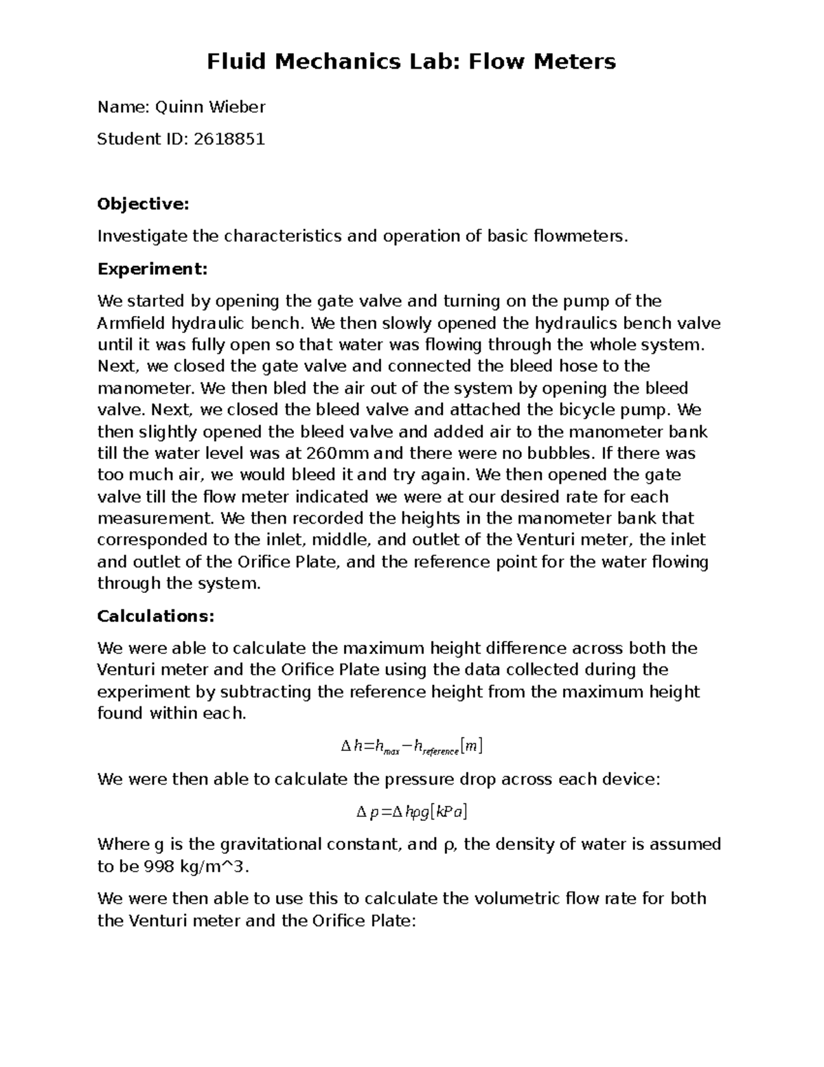 Flow Meters - Fluids Lab write up - Fluid Mechanics Lab: Flow Meters ...