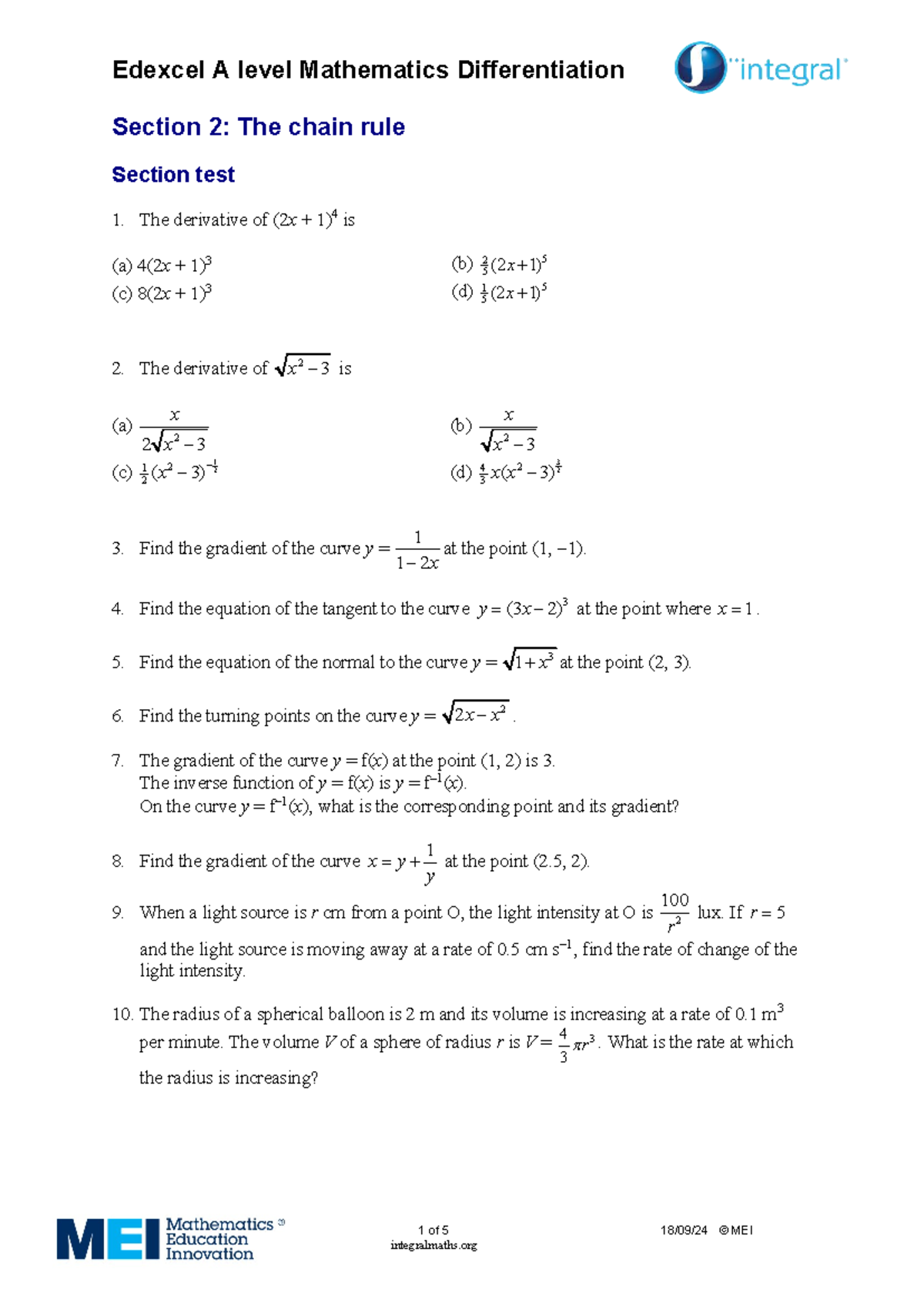 Edexcel A Level Maths Differentiation Section 2 Chain Rule Test ...