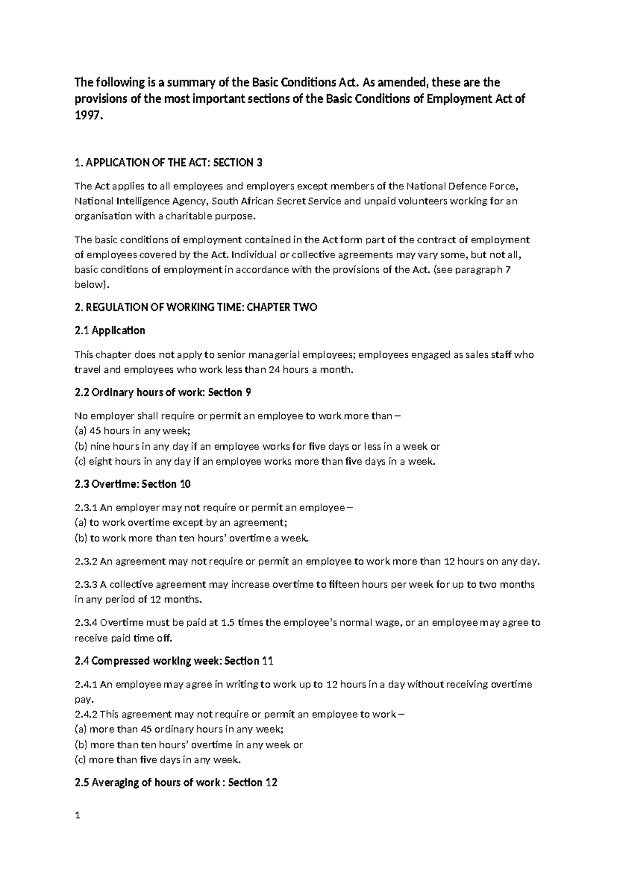 Summary of the Basic Conditions of Employment Act (1997) - Studocu