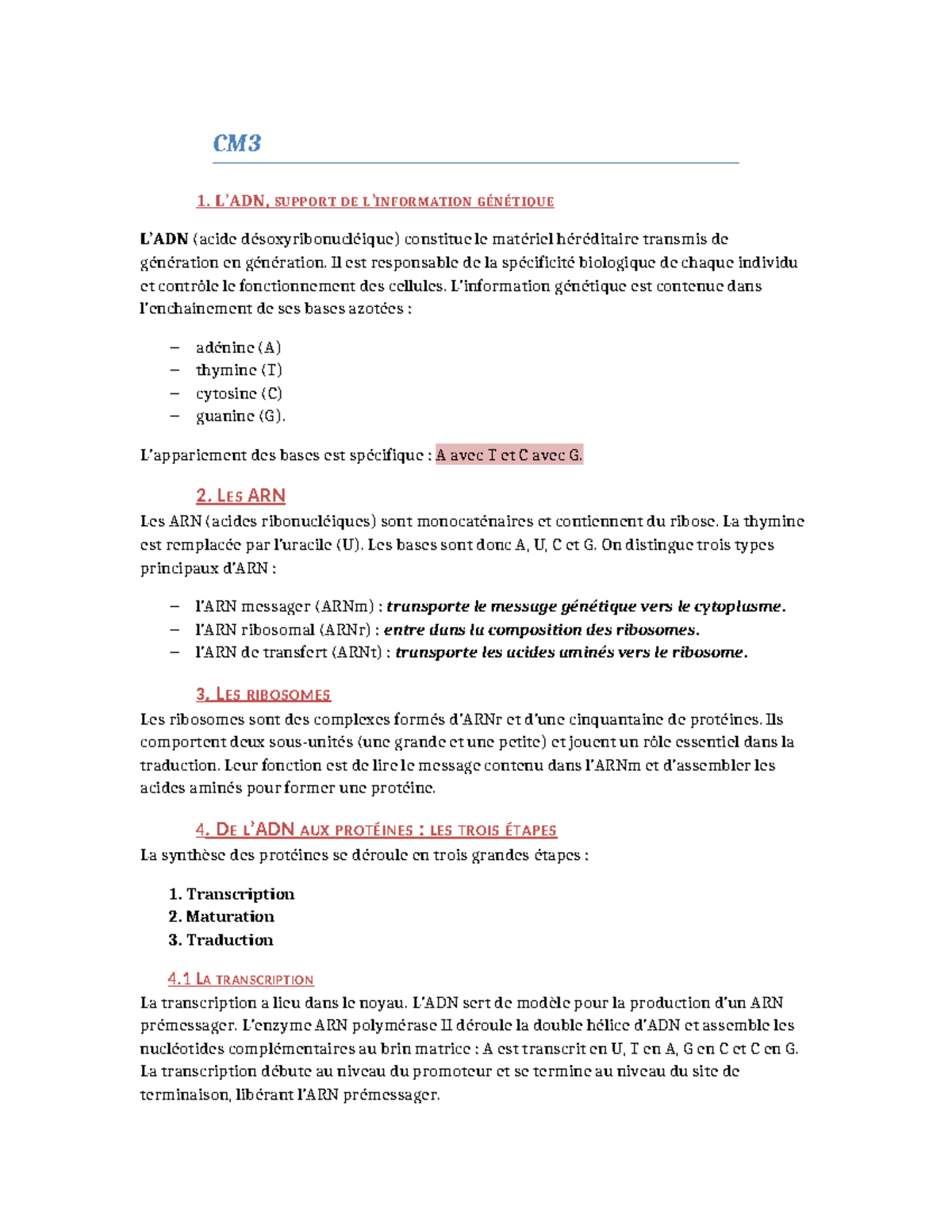 CM3 - L1 S1: Notes sur la Génétique et la Synthèse des Protéines - Studocu