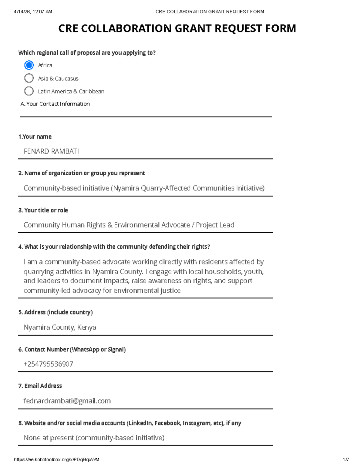 CRE Collaboration Grant Request Form for Nyamira Communities Initiative ...