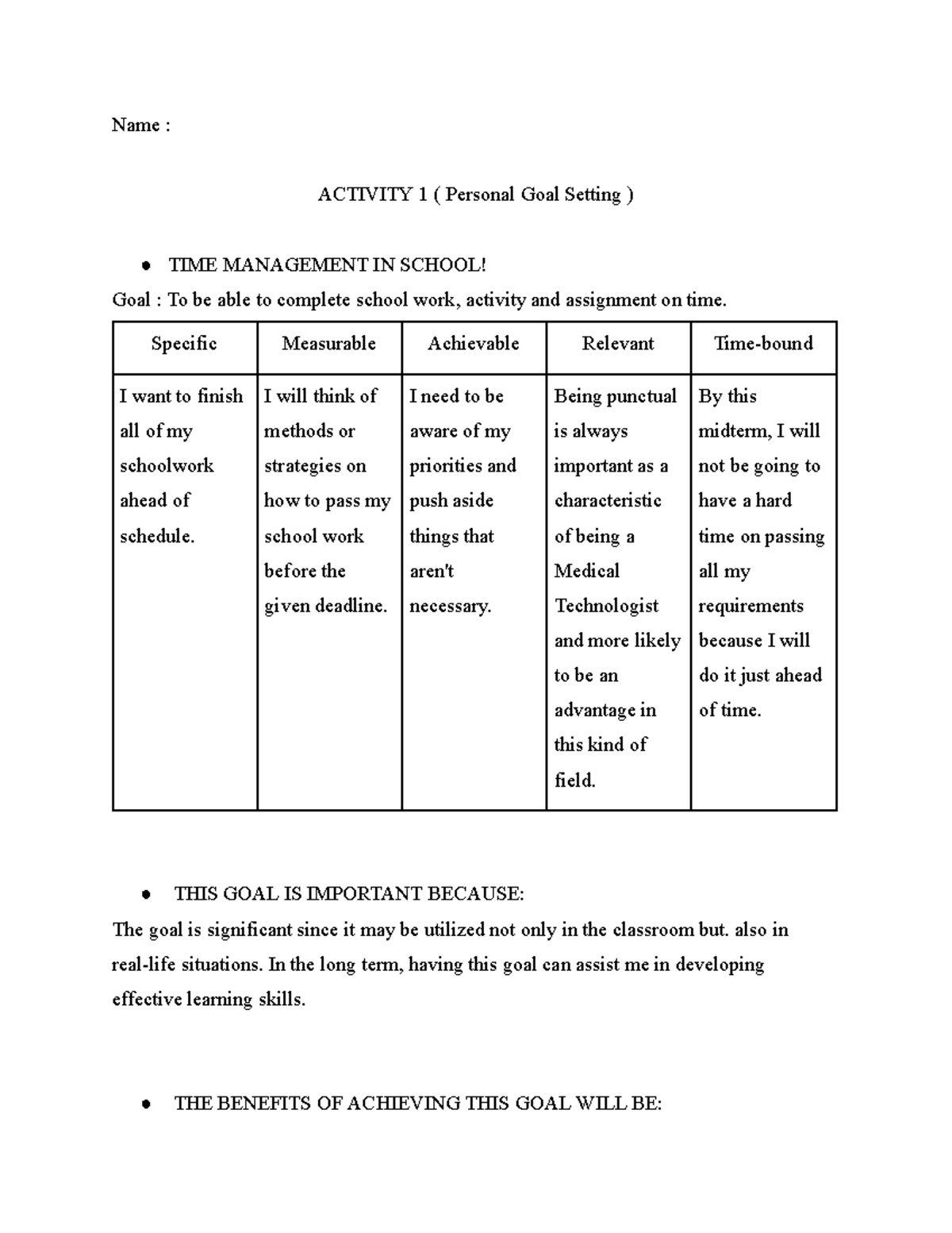 Week 8- Personal goal setting - Name : ACTIVITY 1 ( Personal Goal ...
