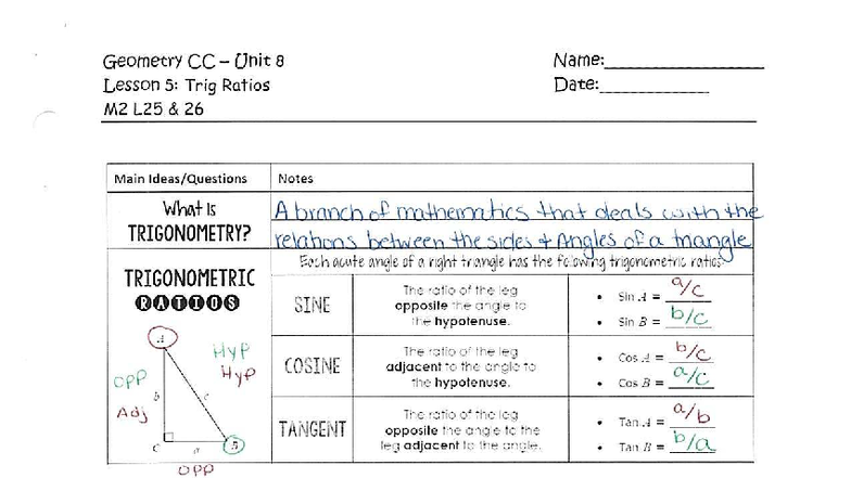 Geometry CC Unit 8: Lesson 5 - Trig Ratios Notes (M2 L25 26) - Studocu