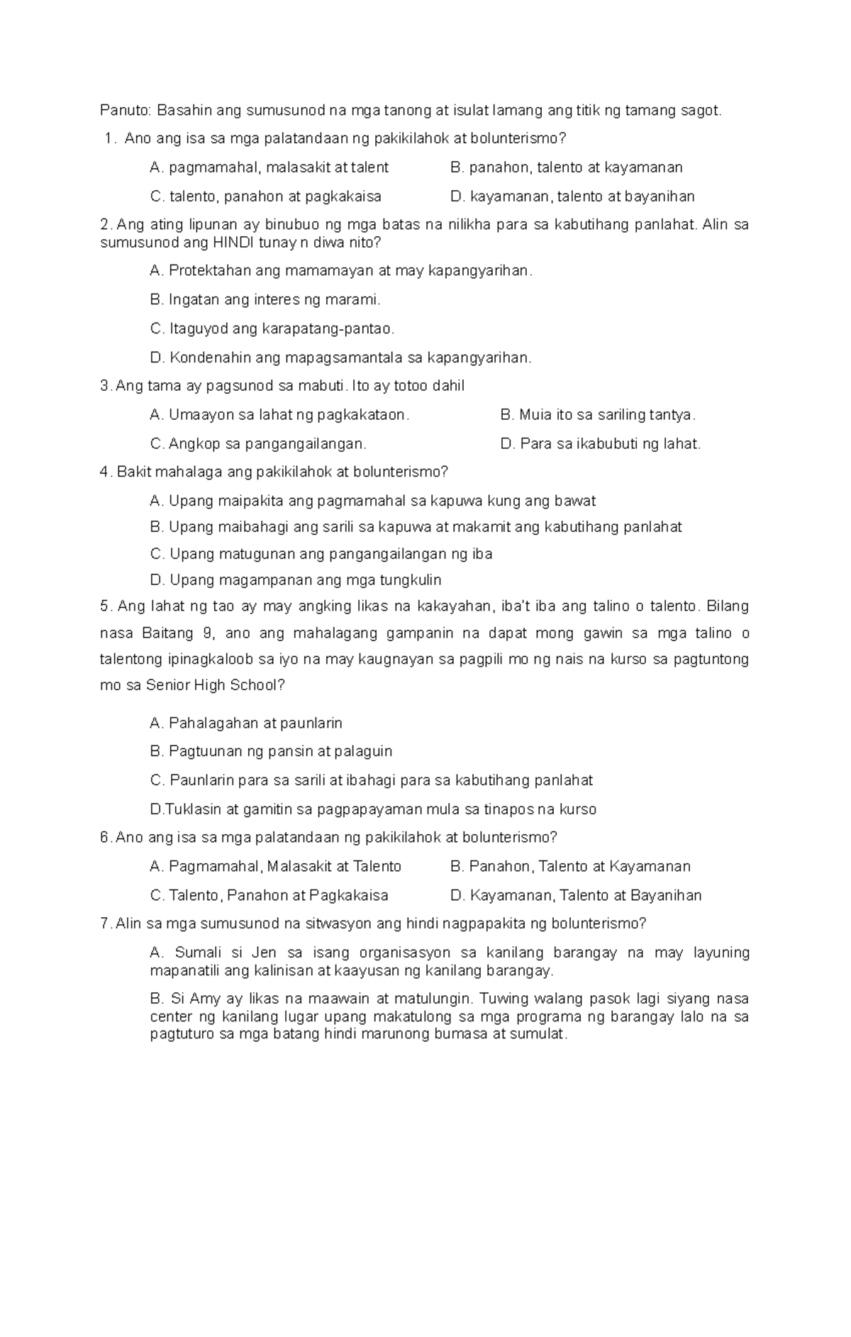 ESP 9 2ND Summative Examination - Answer Key and Questions - Studocu