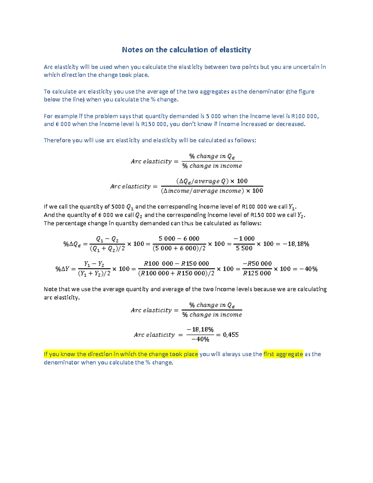 ECON 101: Notes on Arc Elasticity Calculation Techniques - Studocu