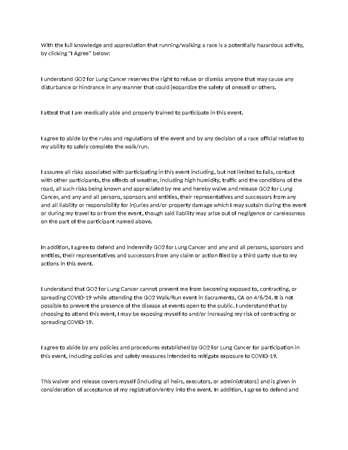 GO2 Lung Cancer Race Waiver - Participant Acknowledgment Form - Studocu