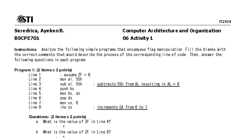 IT2104 Computer Architecture Activity 1: Flag Manipulation Analysis - Studocu