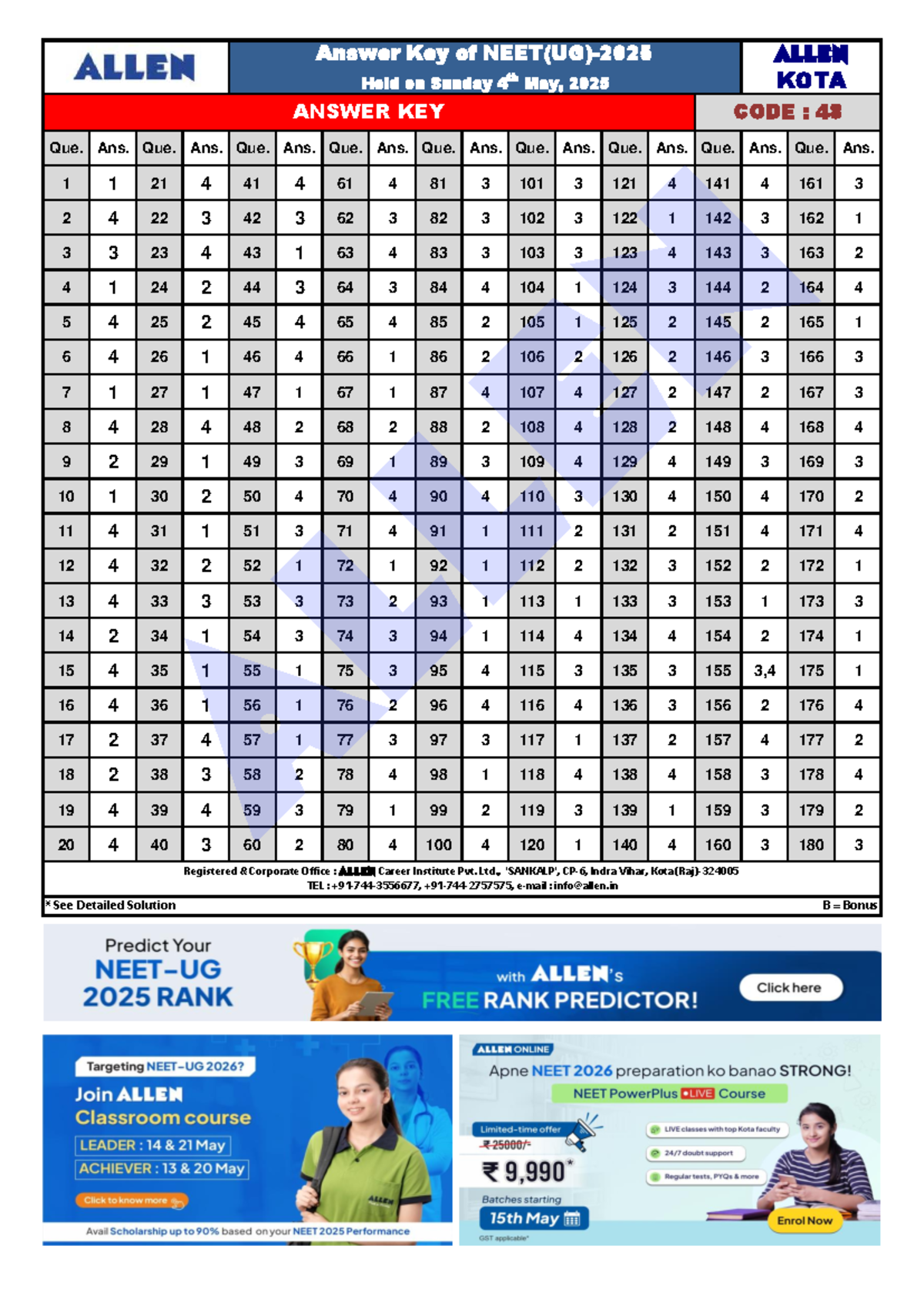Answer Key for ALLEN KOTA Exam on May 4, 2025 - Code 48 - Studocu