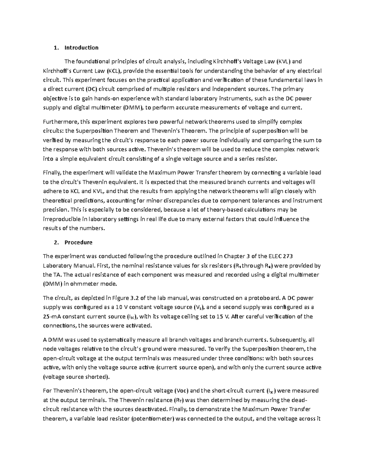 ELEC 273 Lab1: Circuit Analysis & Network Theorems Experiment - Studocu