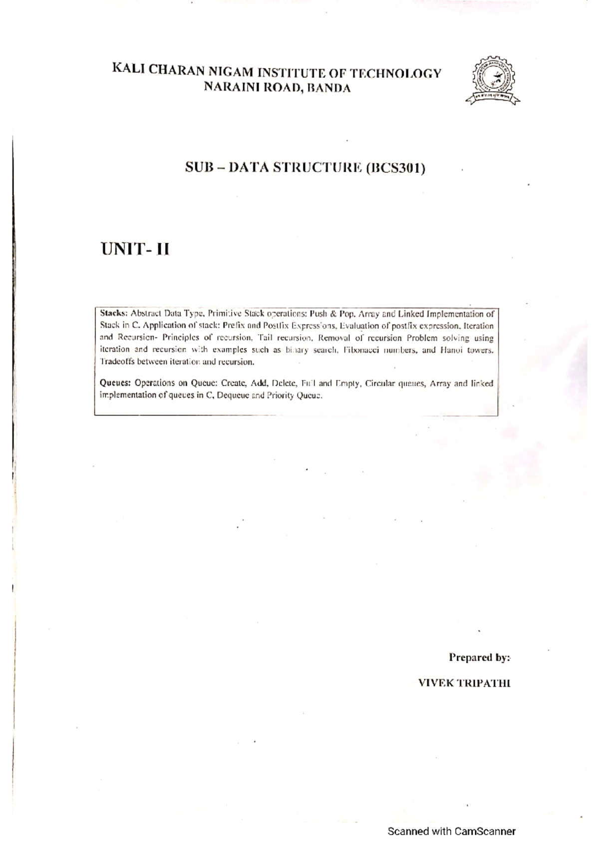 Data Structures Concepts: Stacks & Queues (BCS 301) - Unit 2 Notes ...