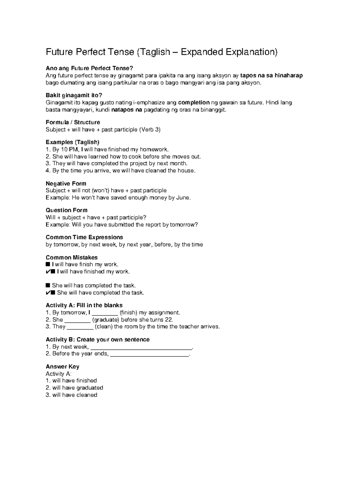 INB 101: Future Perfect Tense - Taglish Explanation & Examples - Studocu