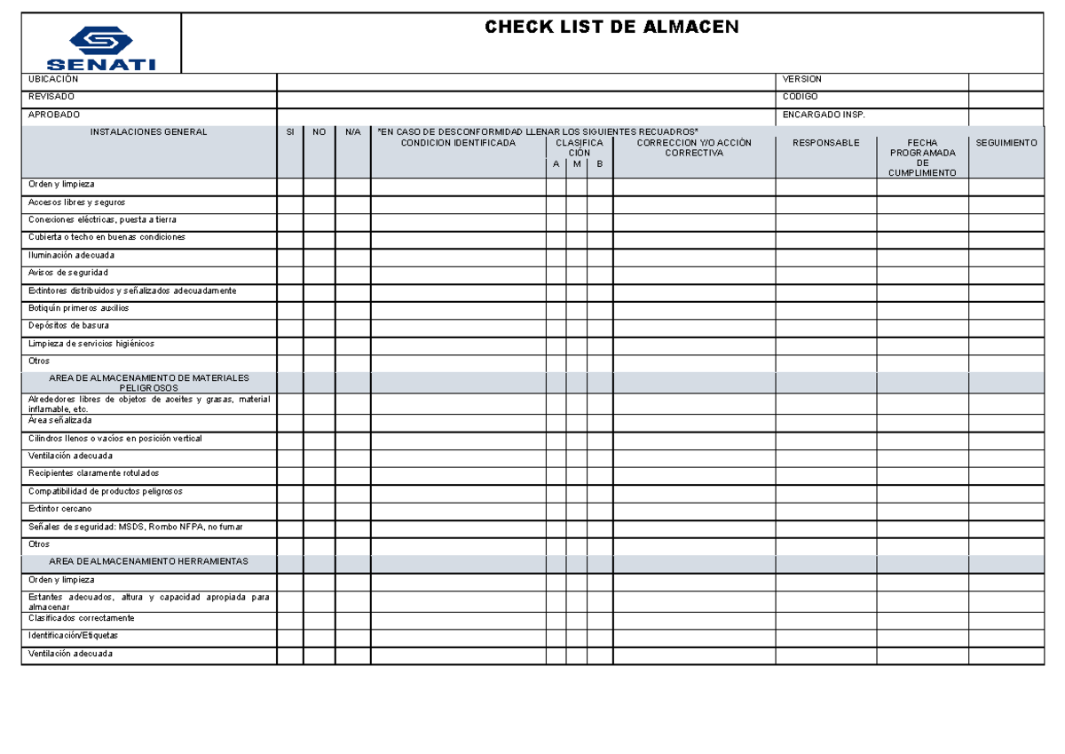 Check List de Almacen - Version Revisada y Aprobada - Studocu