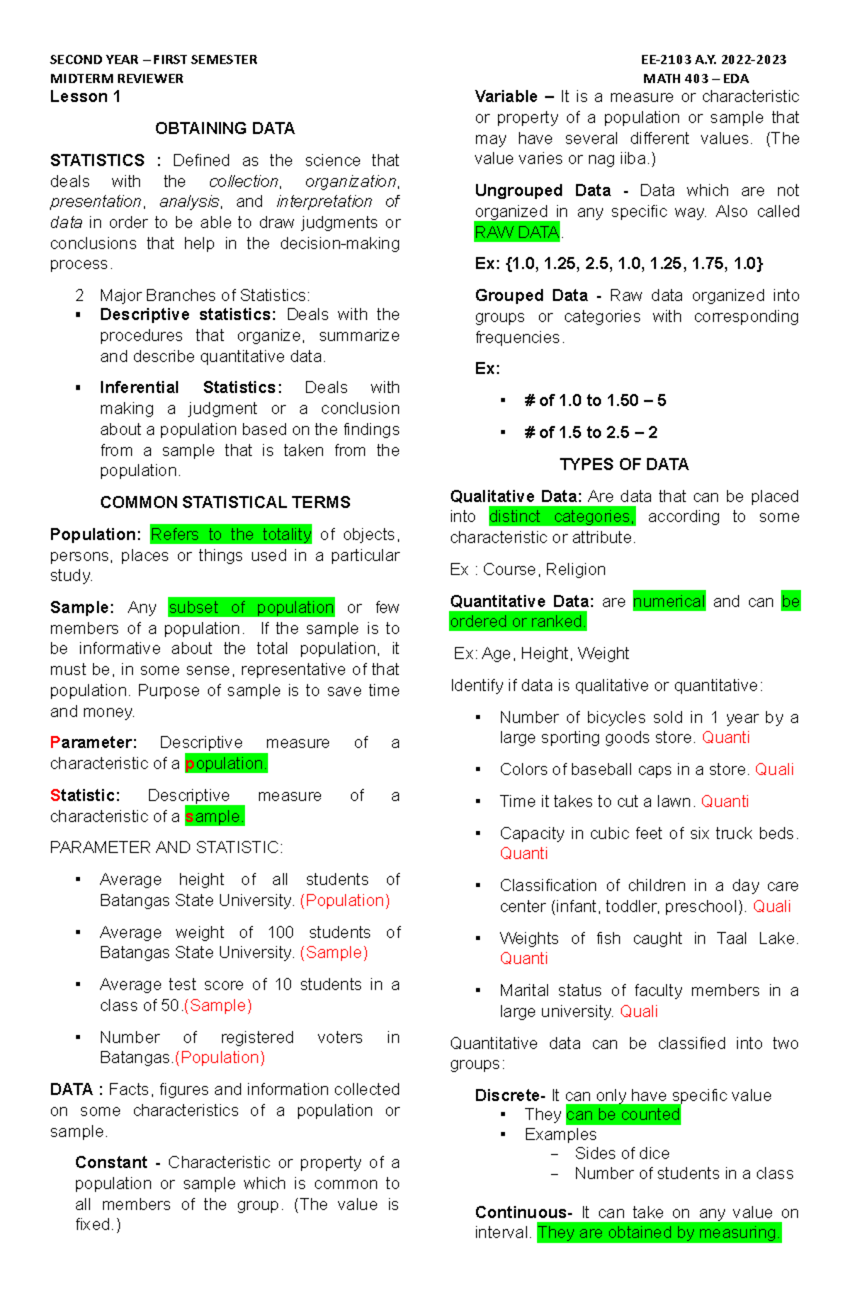 MIDTERM REVIEWER MATH 403 – EDA: Statistics & Probability Concepts - Studocu