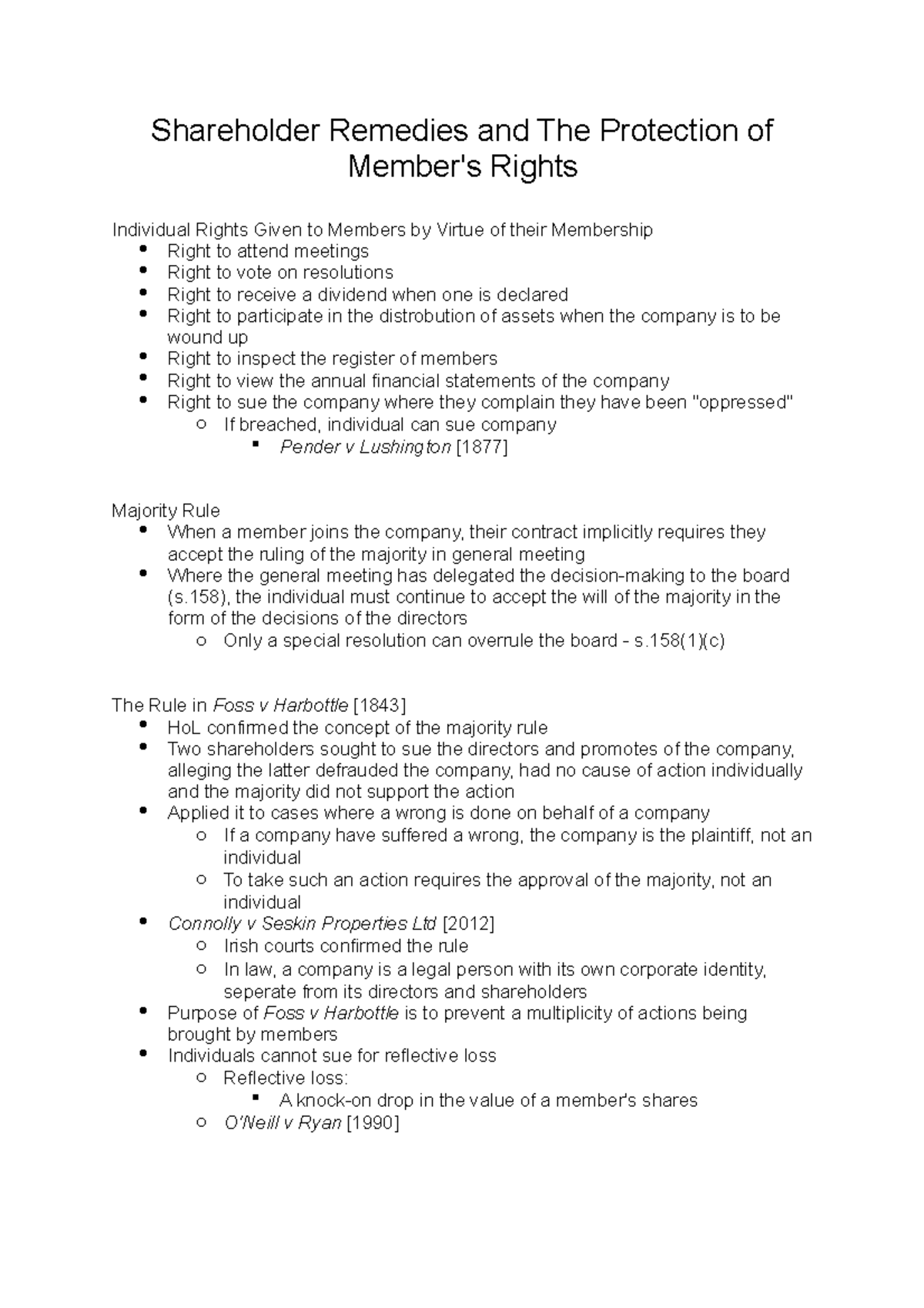 Shareholder Remedies And The Protection Of Member Shareholder