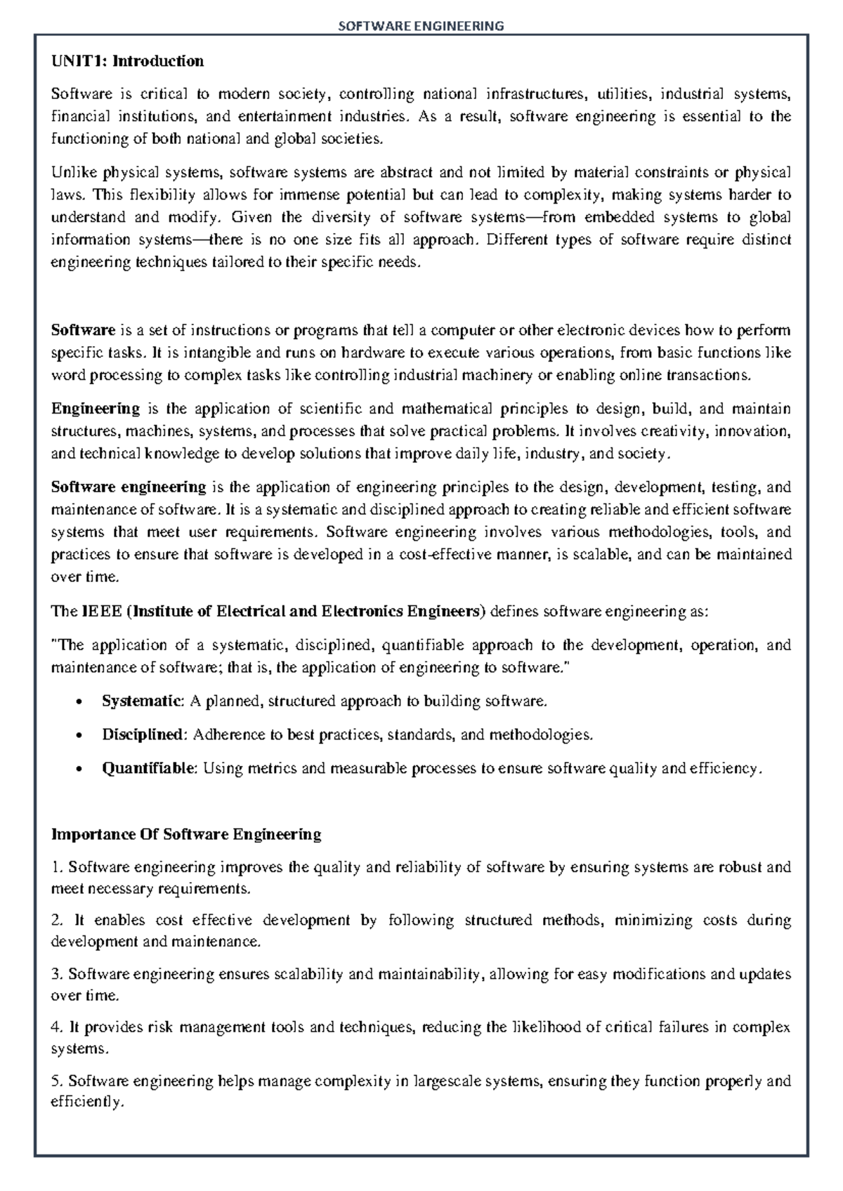 SE UNIT 1: Introduction to Software Engineering Concepts and Practices - Studocu