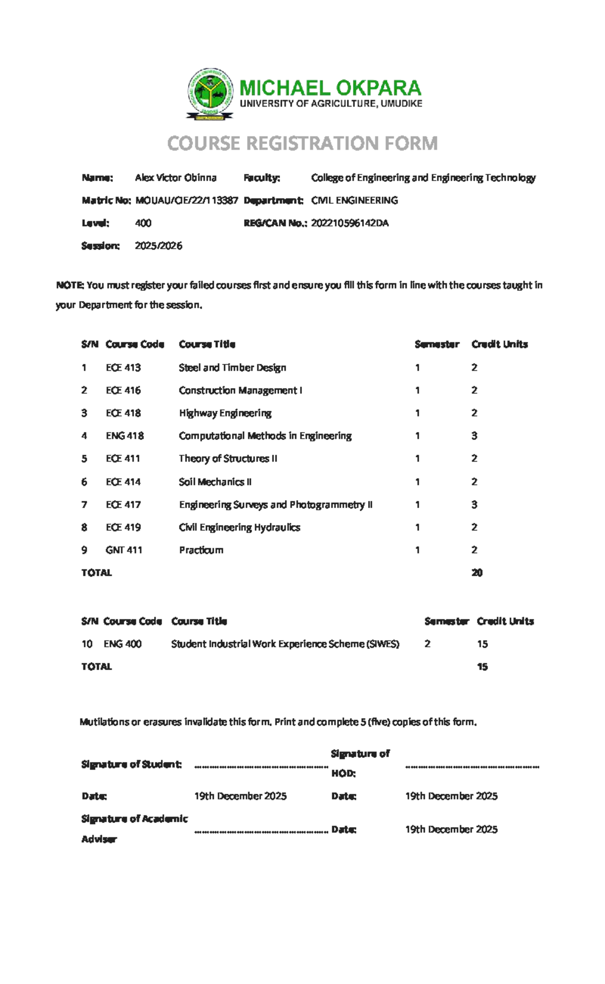 COURSE REGISTRATION FORM - CIVIL ENGINEERING 400 Level - Studocu