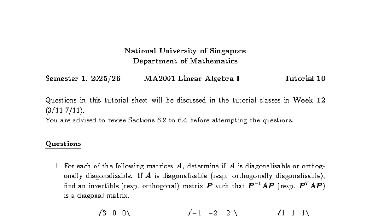 MA2001 Linear Algebra I: Tutorial 10 Practice Questions on Linear - Studocu