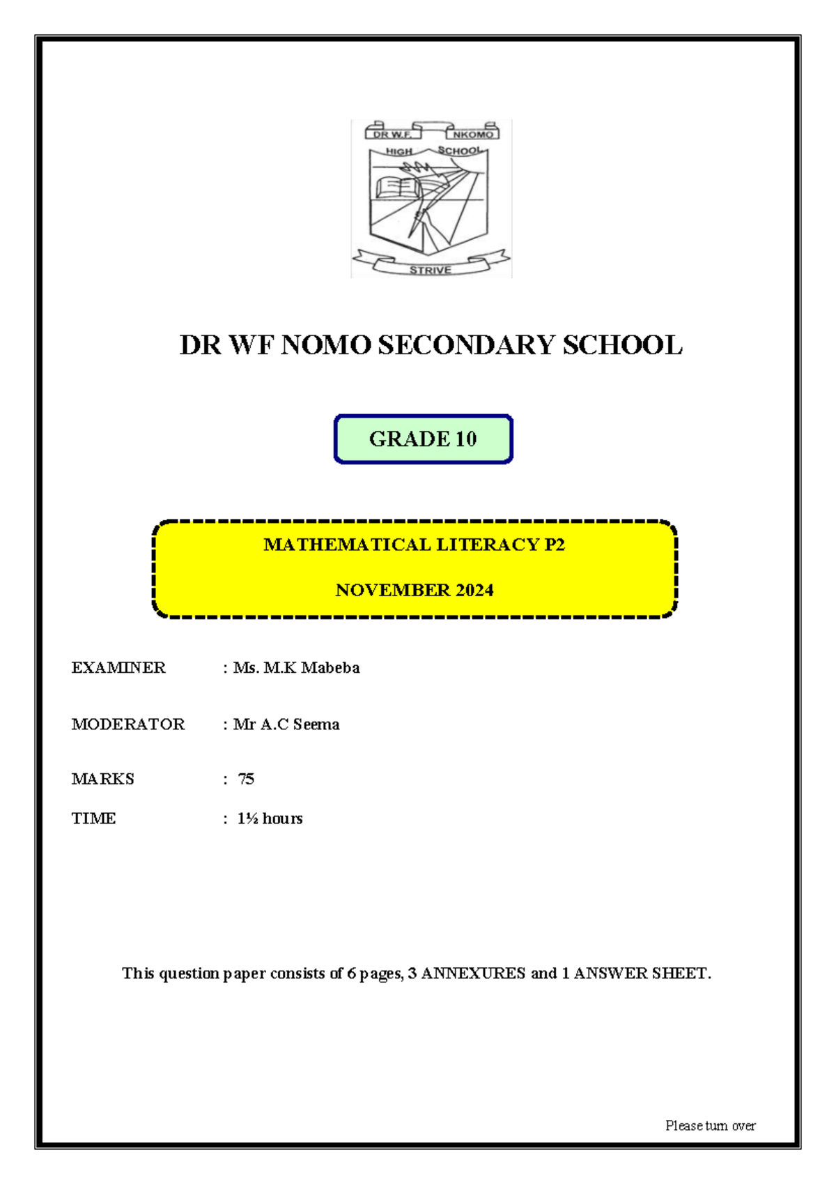 MLIT Grade 10 Mathematical Literacy P2 November 2024 Exam Paper - Studocu
