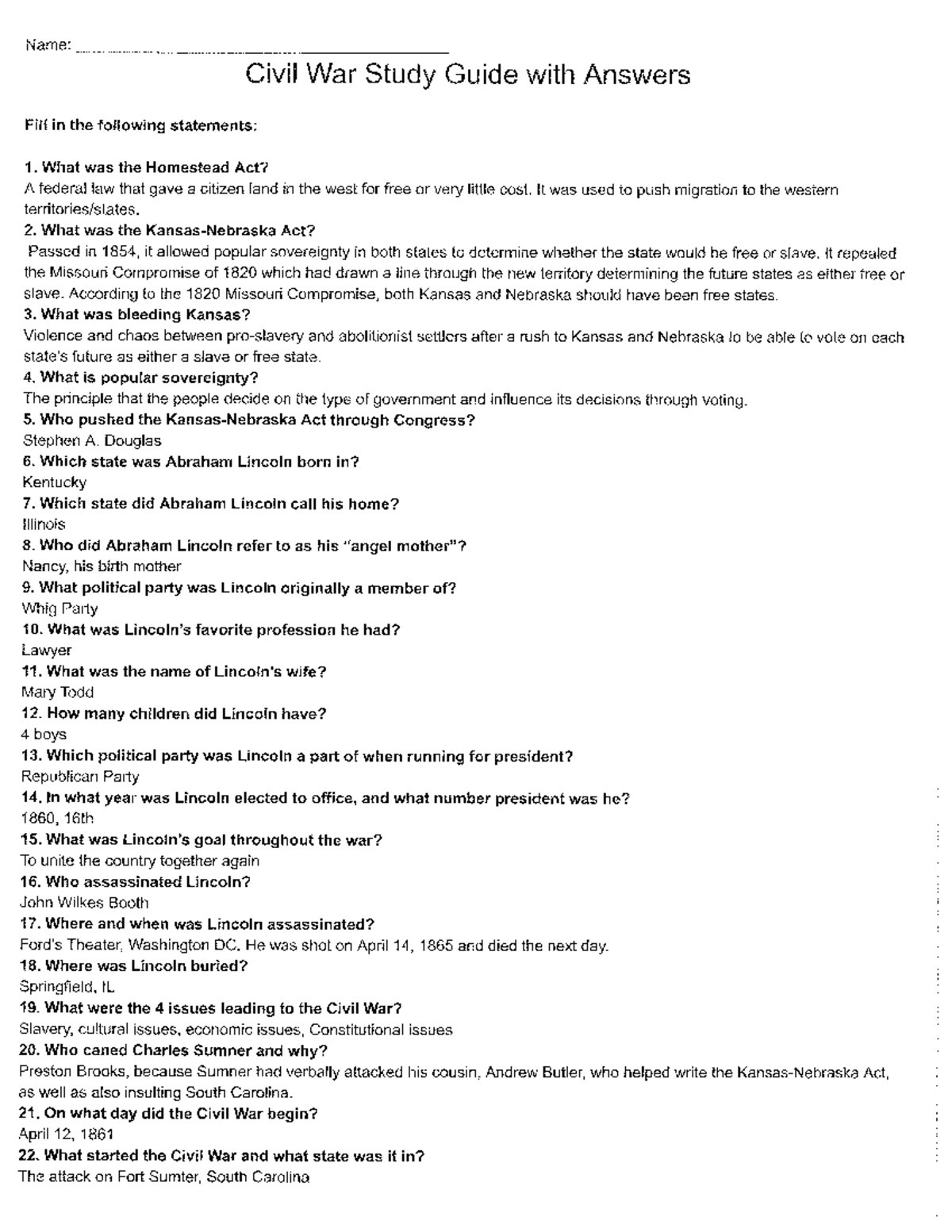 Civil War Study Guide with Answers (History 101) - Studocu