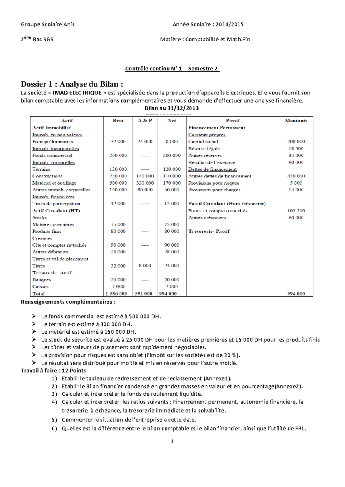 Devoir 1 : Analyse du Bilan en Comptabilité 2 - Bac SGS Semestre 2 ...