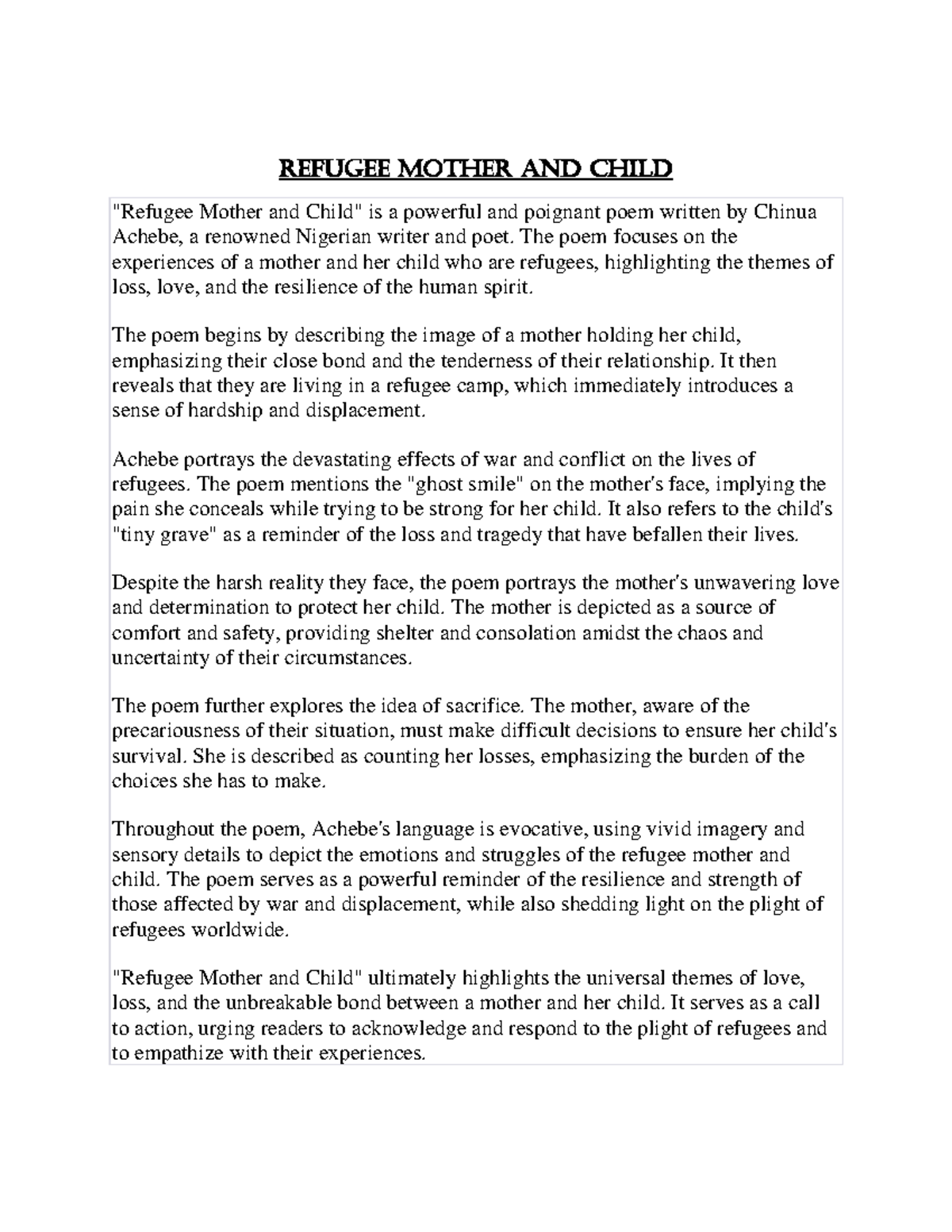 Refugee Mother and Child: Themes of Love and Resilience in Achebe's ...