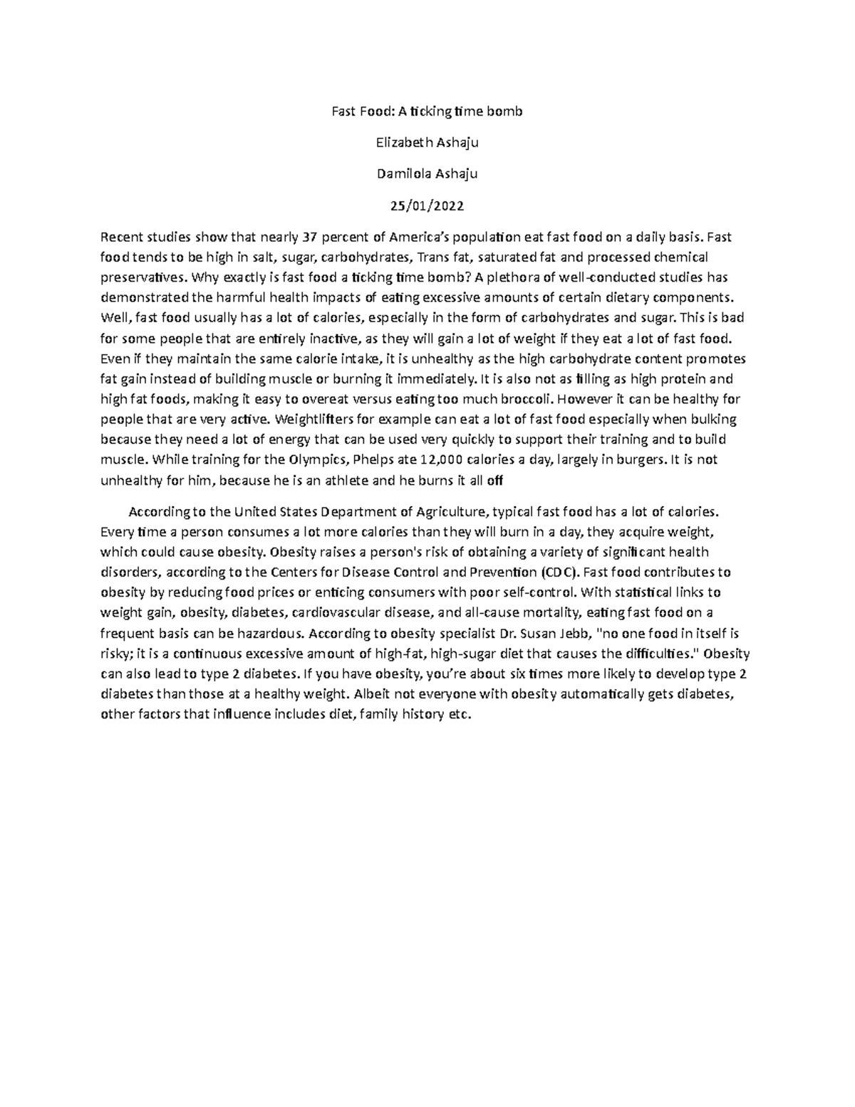 Project for fun baby - Fast Food: A ticking time bomb Elizabeth Ashaju ...