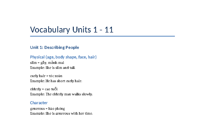 Vocabulary Units 1-11: Describing People & Things - CCC - Studocu