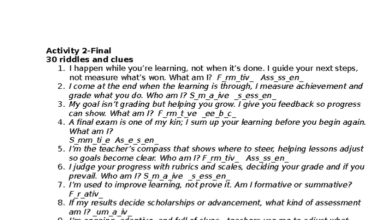 Activity 30: Riddles and Clues for Assessment Types - Studocu