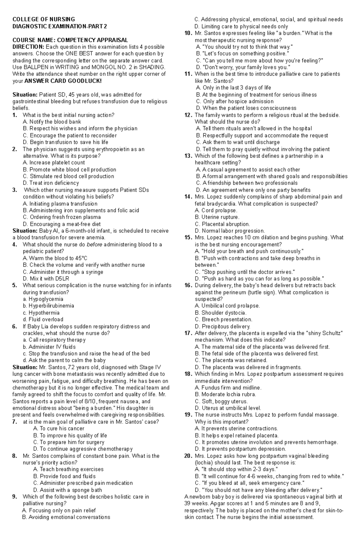 NURSING DIAGNOSTIC 2: COMPETENCY APPRAISAL EXAM QUESTIONS - Studocu