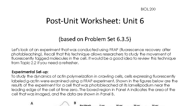 BIOL 200 Worksheet: FRAP Experiment on Actin Dynamics in Cells - Studocu